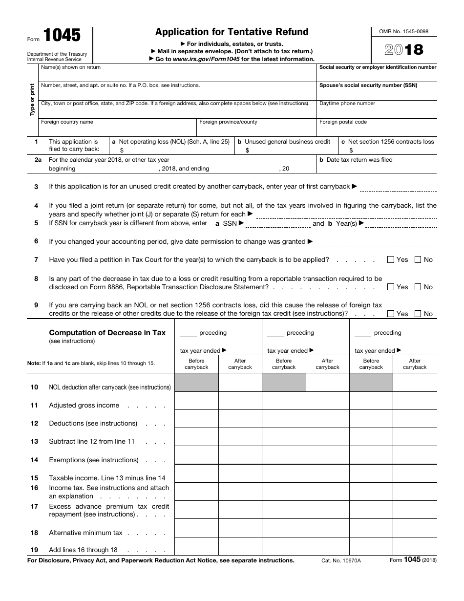 IRS Form 1045 - 2018 - Fill Out, Sign Online and Download Fillable PDF ...
