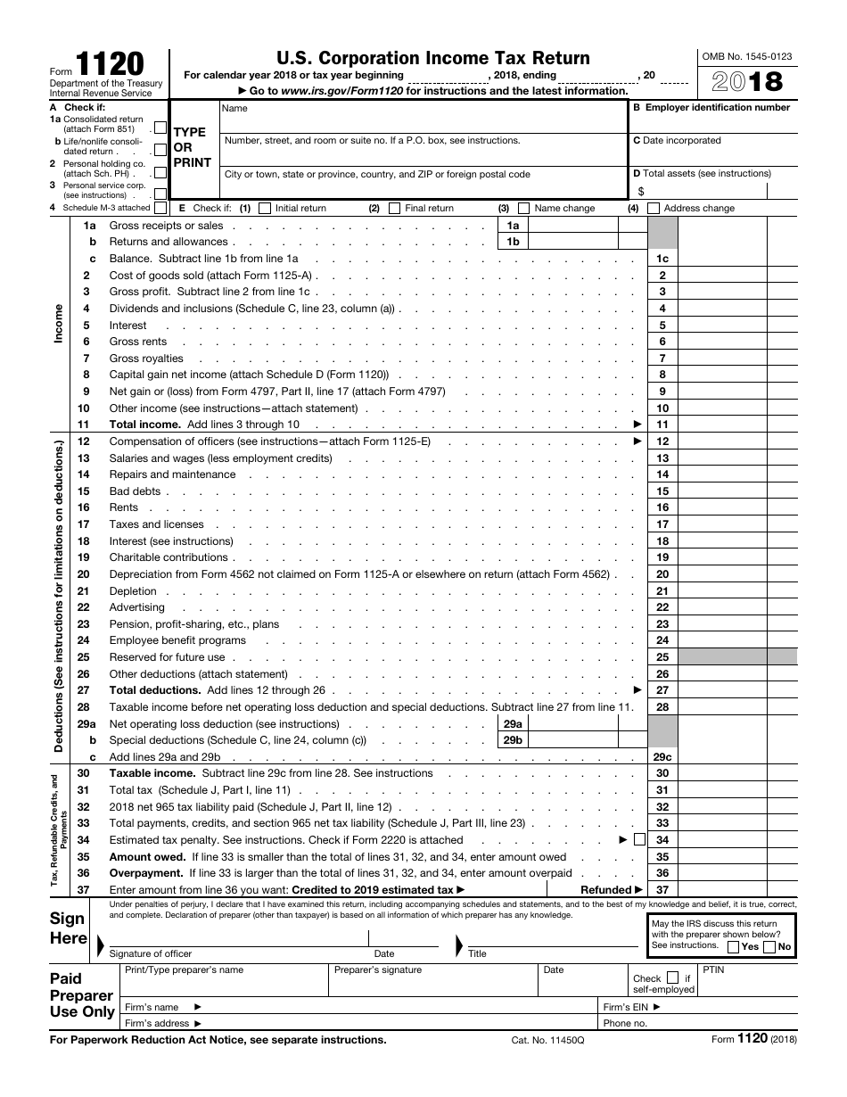 IRS Form 1120 - 2018 - Fill Out, Sign Online and Download Fillable PDF ...