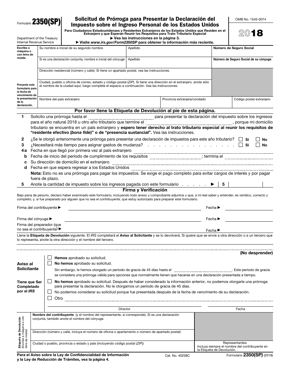 IRS Formulario 2350(SP) - 2018 - Fill Out, Sign Online and Download ...