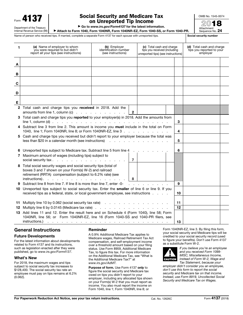 IRS Form 4137 - 2018 - Fill Out, Sign Online and Download Fillable PDF ...