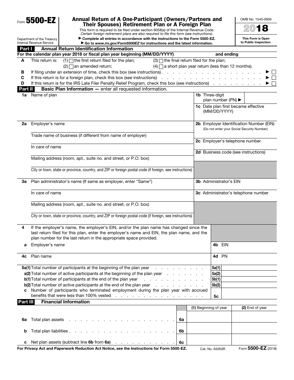 IRS Form 5500-EZ - 2018 - Fill Out, Sign Online and Download Fillable ...