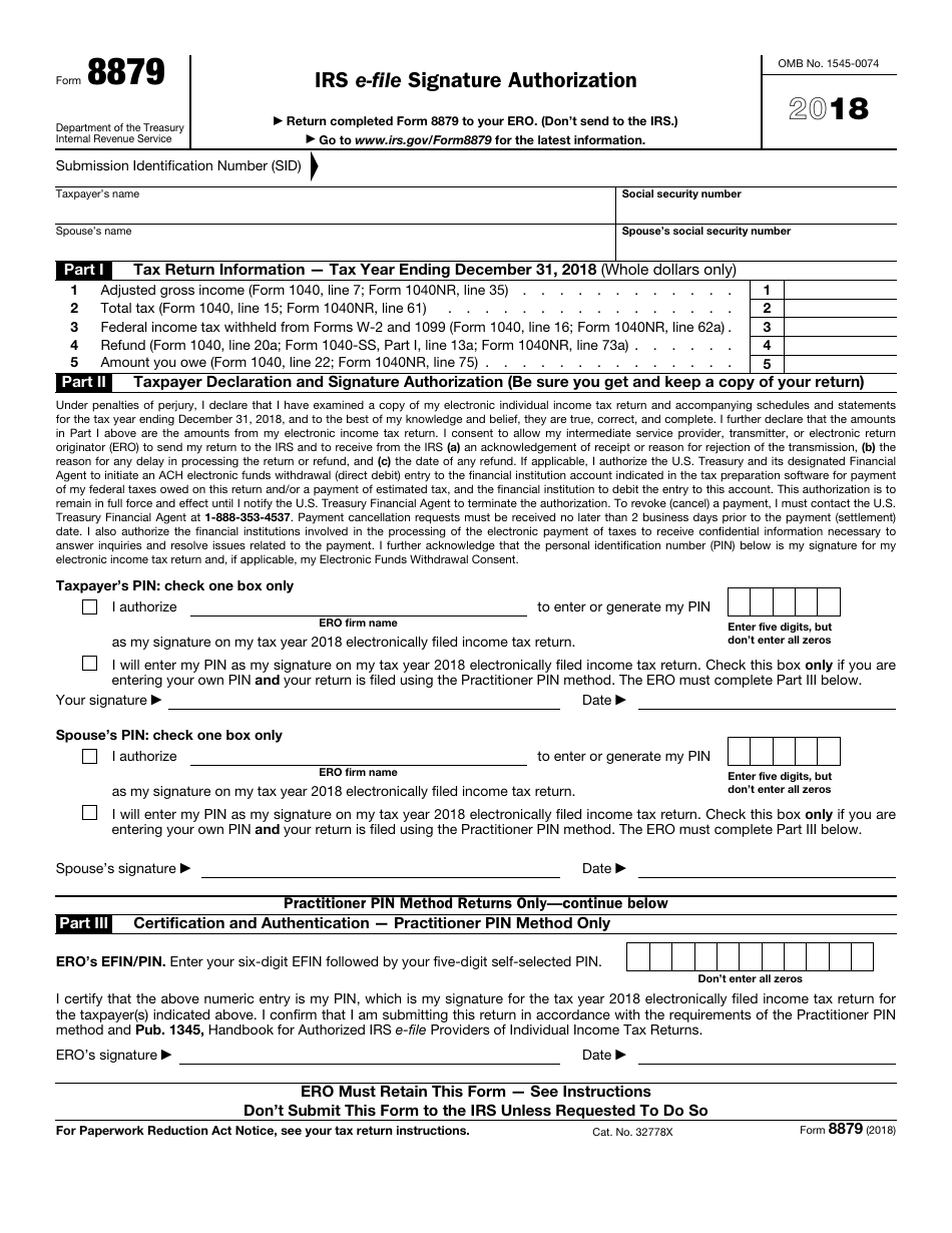IRS Form 8879 - 2018 - Fill Out, Sign Online and Download Fillable PDF ...