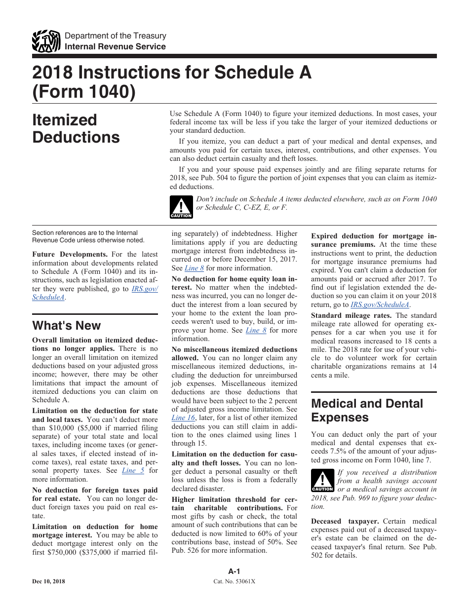 Download Instructions for IRS Form 1040 Schedule A Itemized Deductions ...