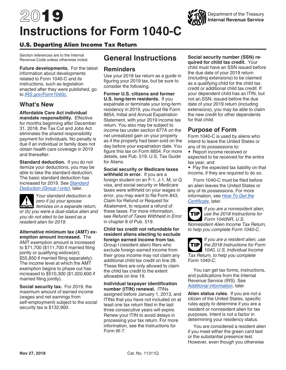 Download Instructions for IRS Form 1040-C U.S. Departing Alien Income ...