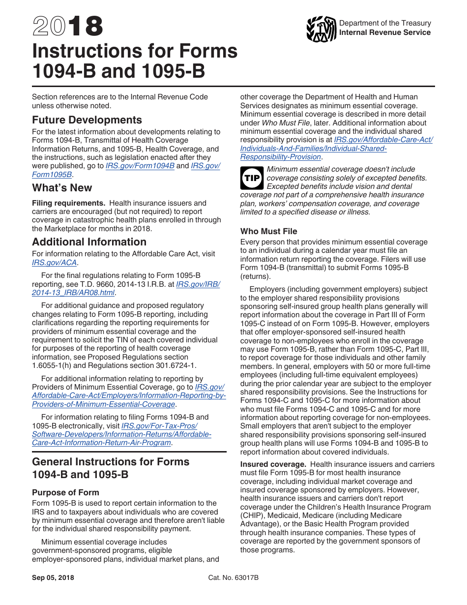 Download Instructions for IRS Form 1094-B, 1095-B PDF, 2018 | Templateroller