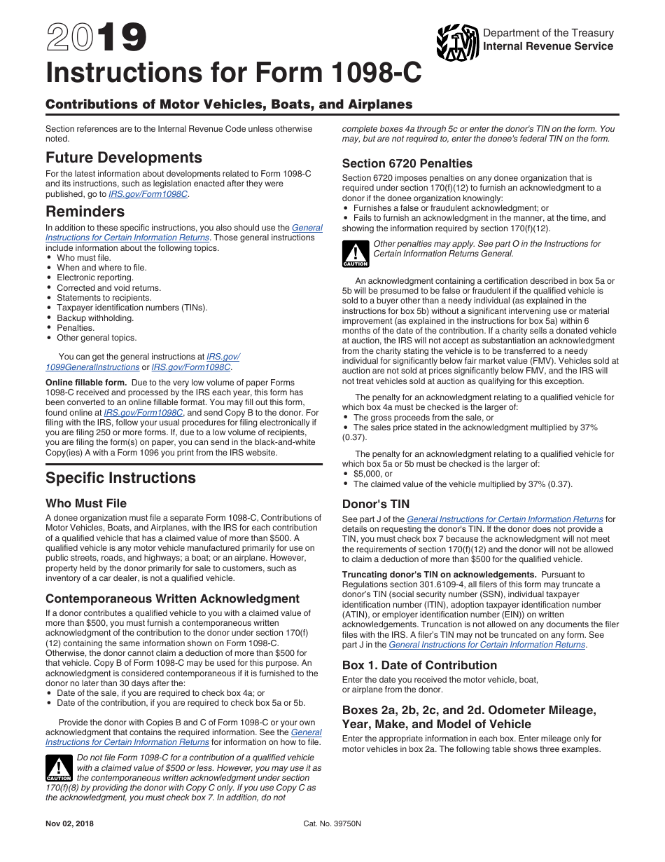 Download Instructions for IRS Form 1098-C Contributions of Motor ...