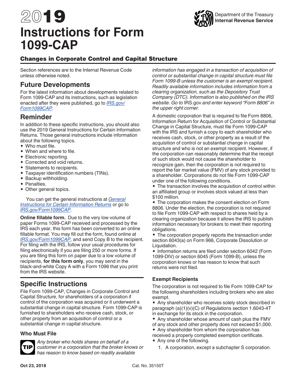 Download Instructions for IRS Form 1099-CAP Changes in Corporate ...