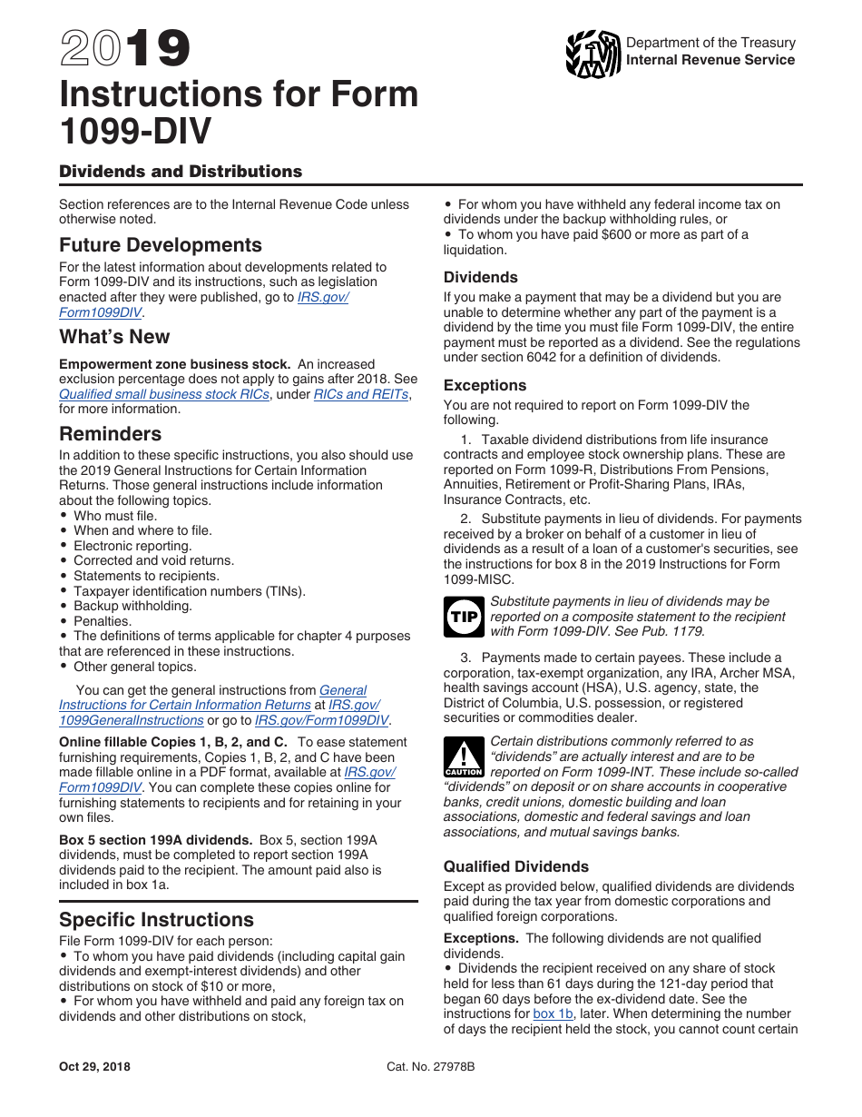 Download Instructions for IRS Form 1099-DIV Dividends and Distributions ...