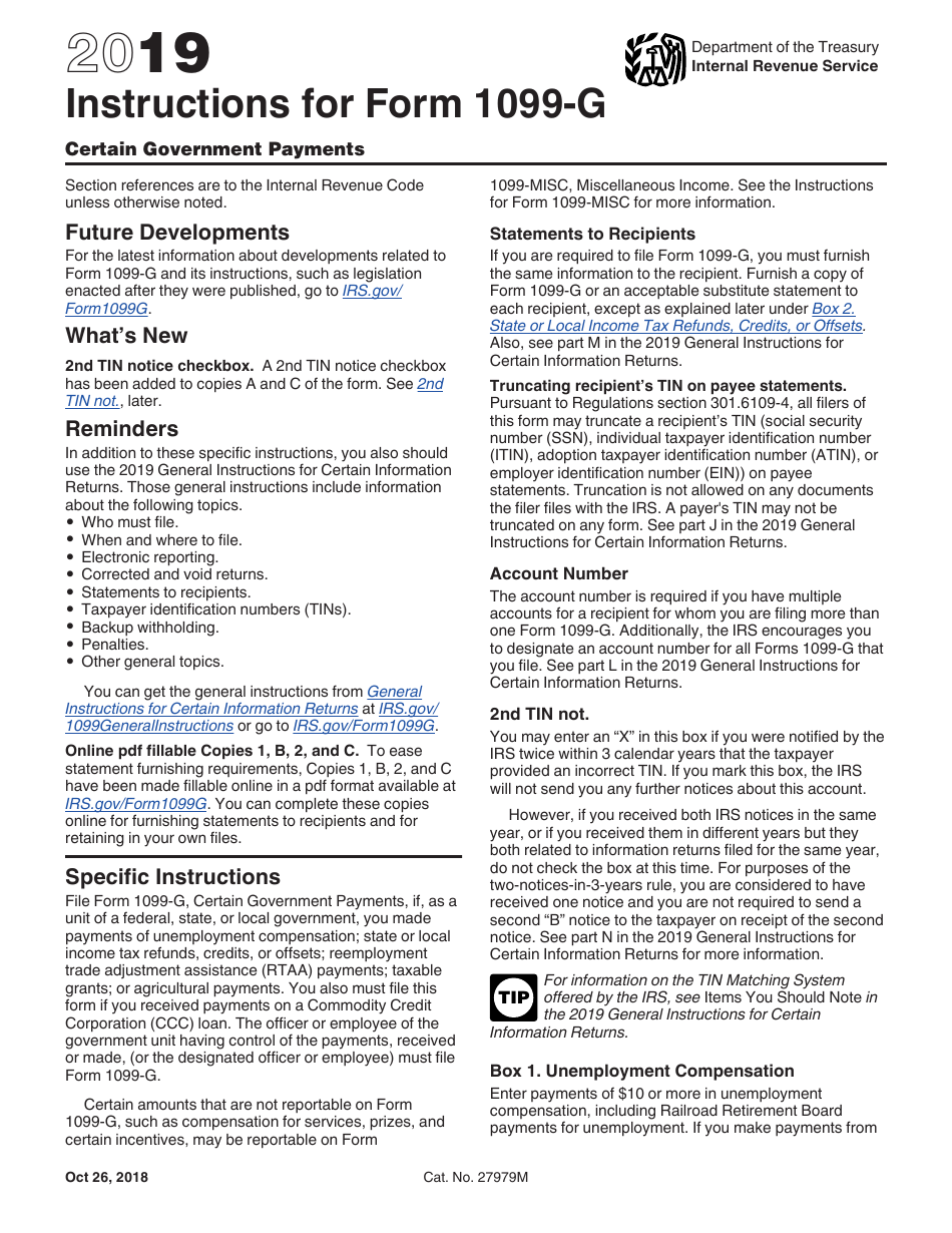 Download Instructions for IRS Form 1099-G Certain Government Payments ...