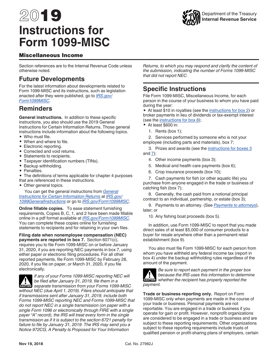 Download Instructions for IRS Form 1099-MISC Miscellaneous Income PDF ...