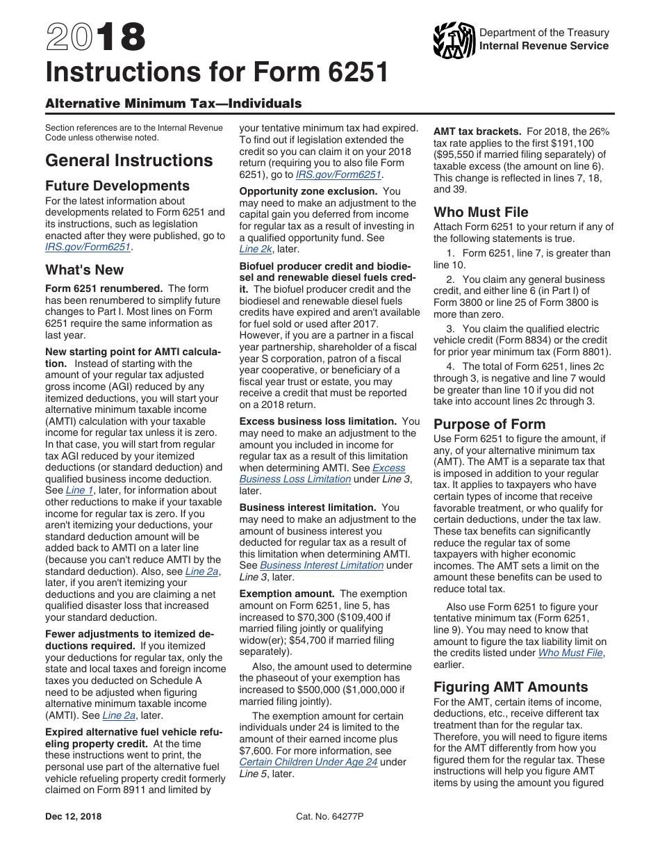 Download Instructions for IRS Form 6251 Alternative Minimum Tax ...