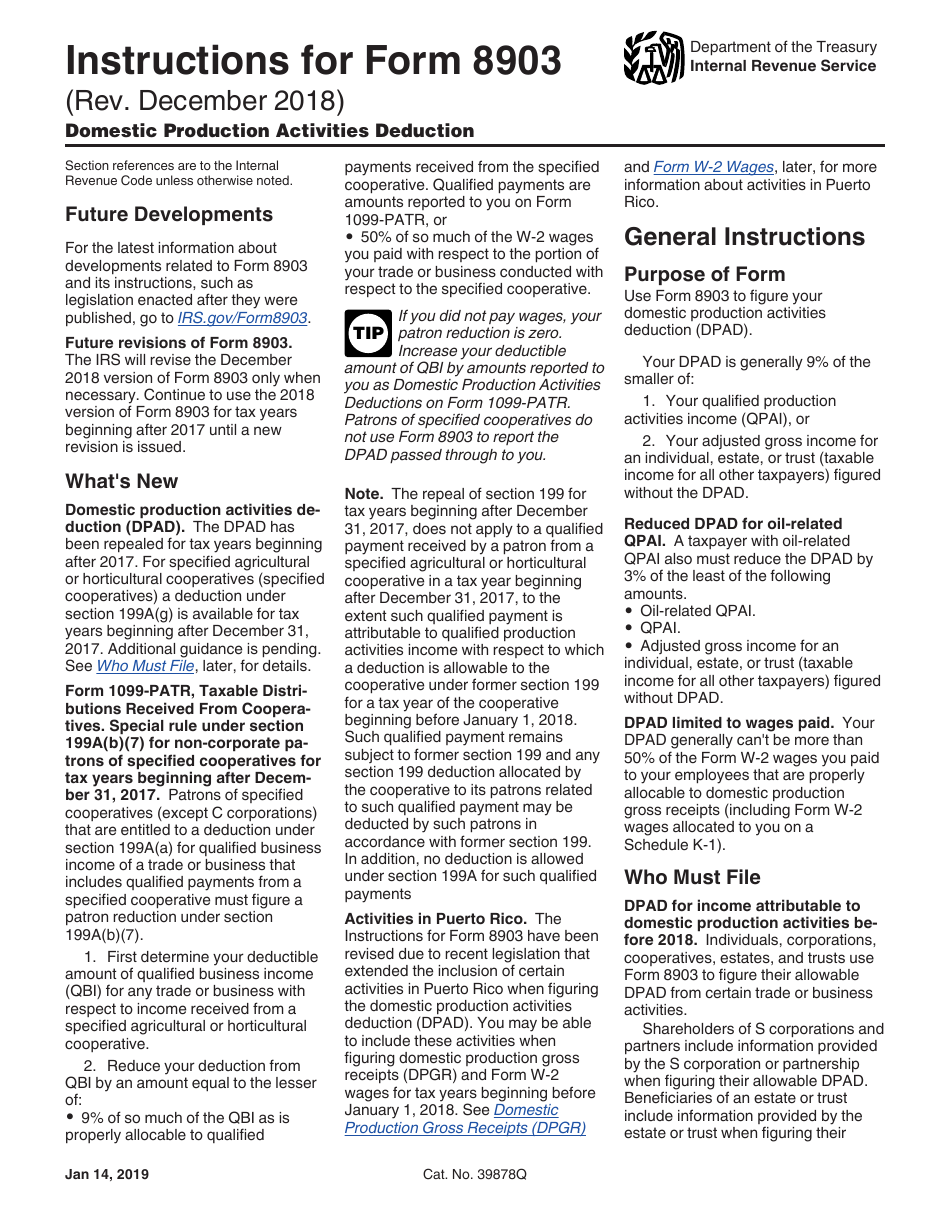 Download Instructions for IRS Form 8903 Domestic Production Activities ...