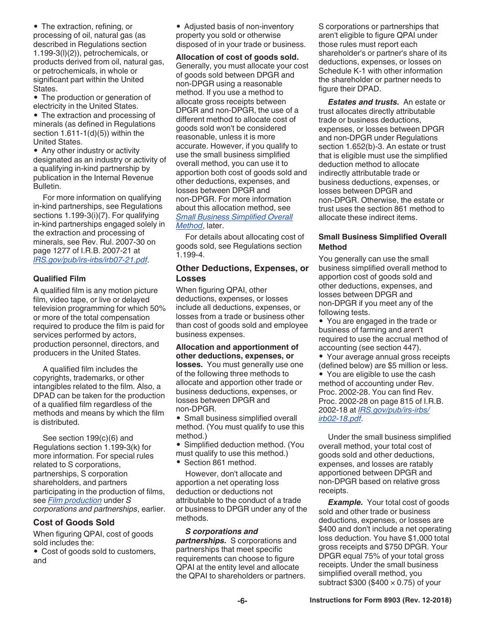Download Instructions for IRS Form 8903 Domestic Production Activities ...