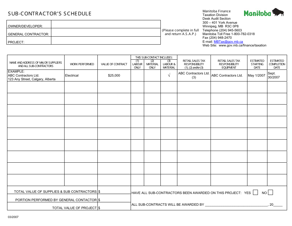 Manitoba Canada Sub-contractor's Schedule - Fill Out, Sign Online and ...