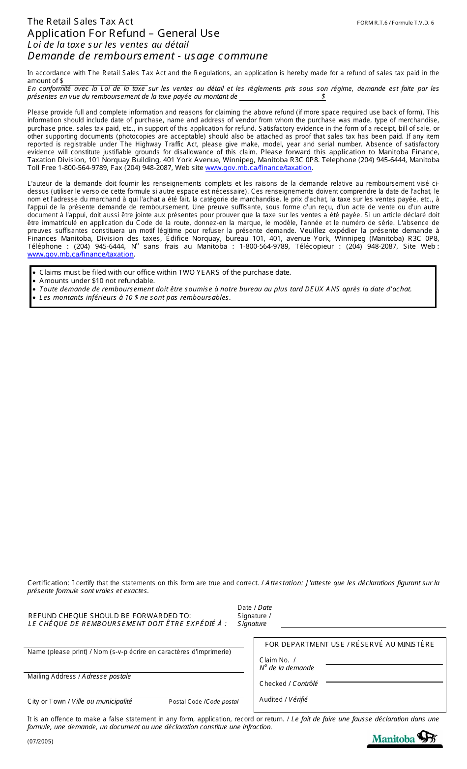 Form R.T.6 - Fill Out, Sign Online and Download Printable PDF, Manitoba ...
