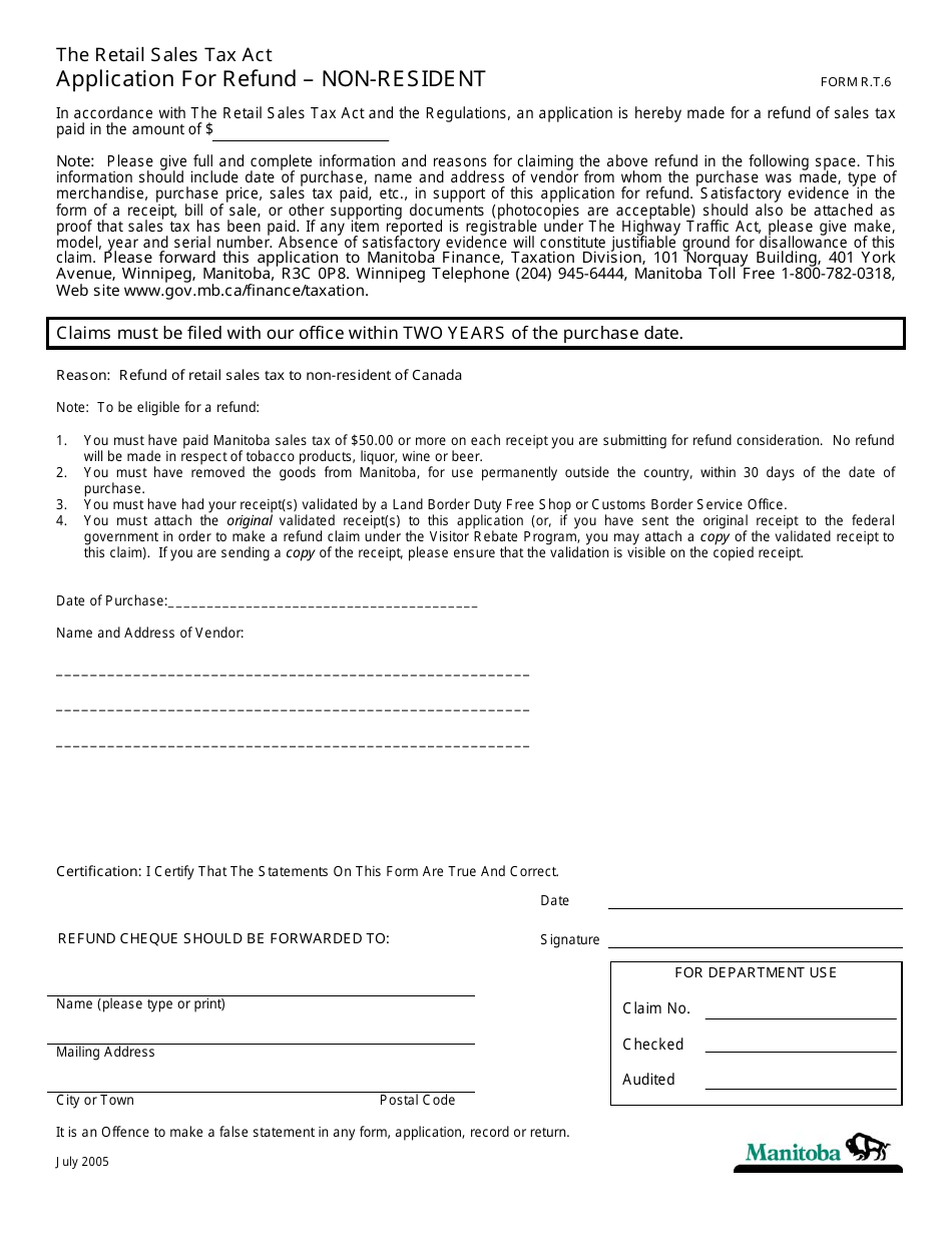 Form R.T.6 - Fill Out, Sign Online and Download Printable PDF, Manitoba ...