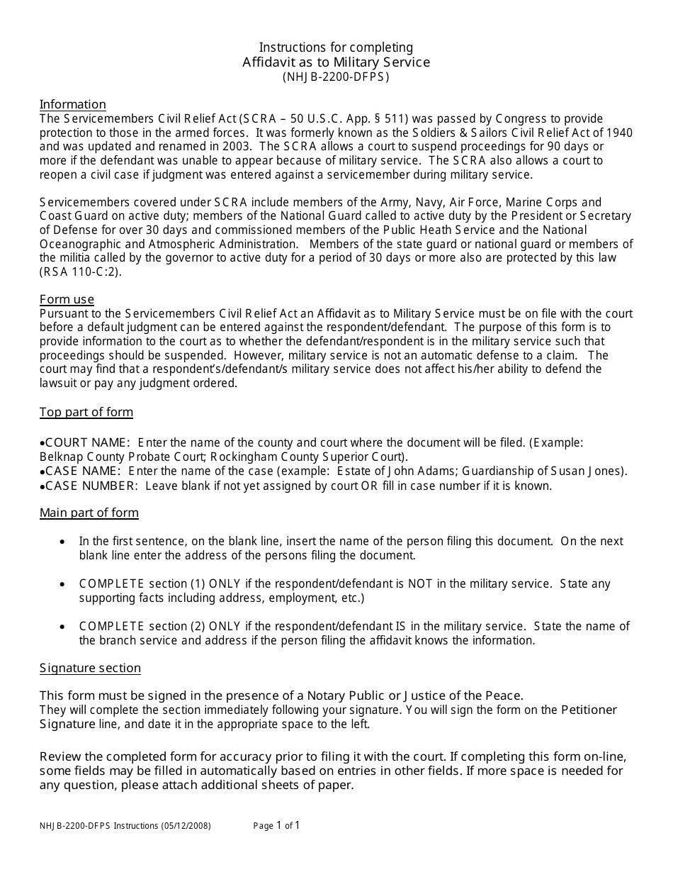 Download Instructions for Form NHJB-2200-DFPS Affidavit as to Military ...