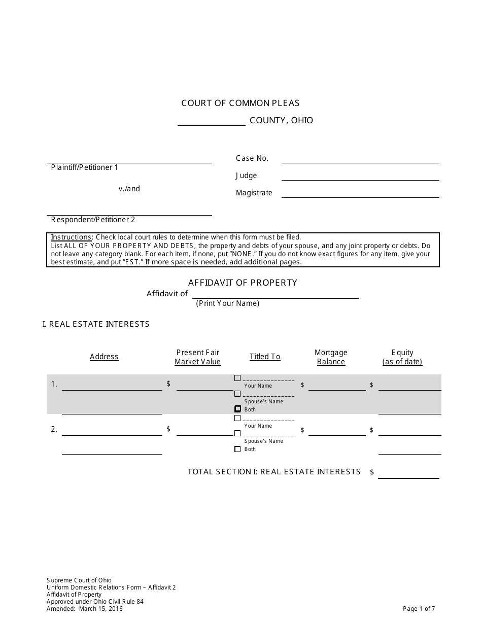 Ohio Affidavit of Property - Fill Out, Sign Online and Download PDF ...