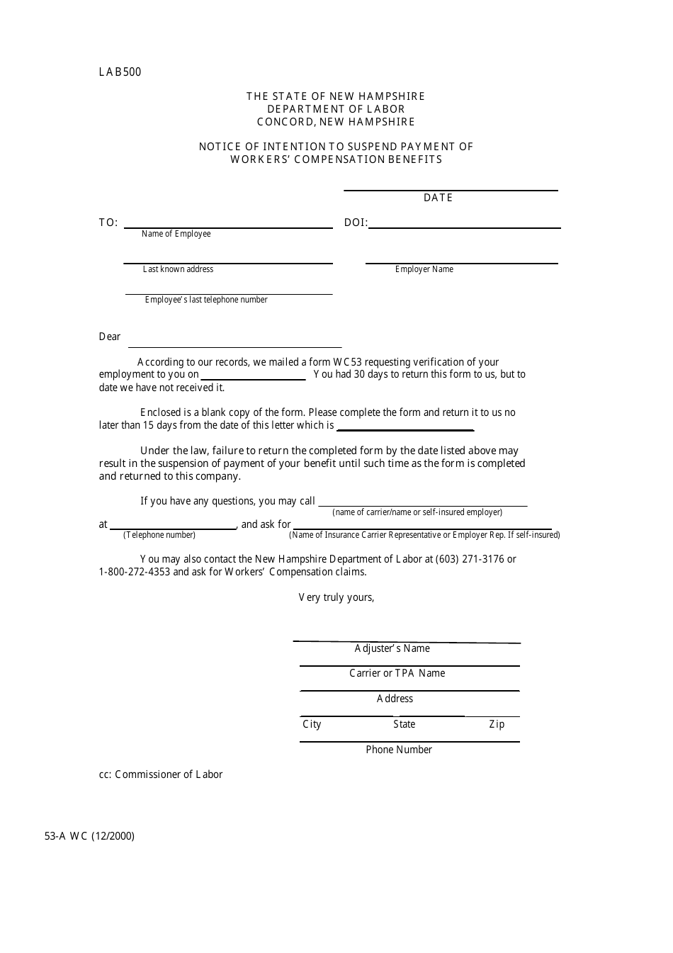 Form 53-A WC - Fill Out, Sign Online and Download Fillable PDF, New ...
