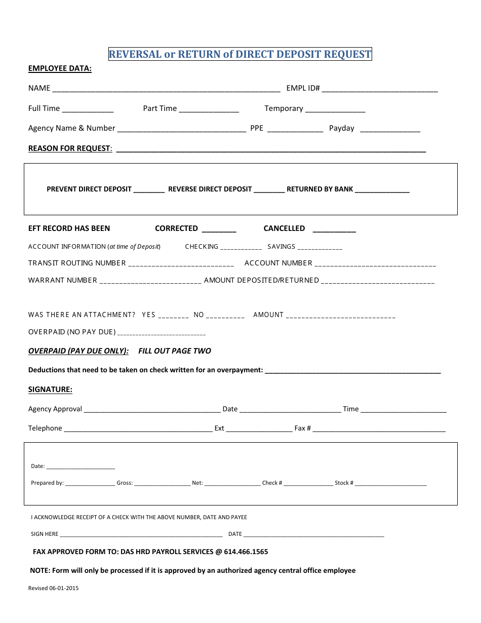 Ohio Reversal or Return of Direct Deposit Request - Fill Out, Sign ...