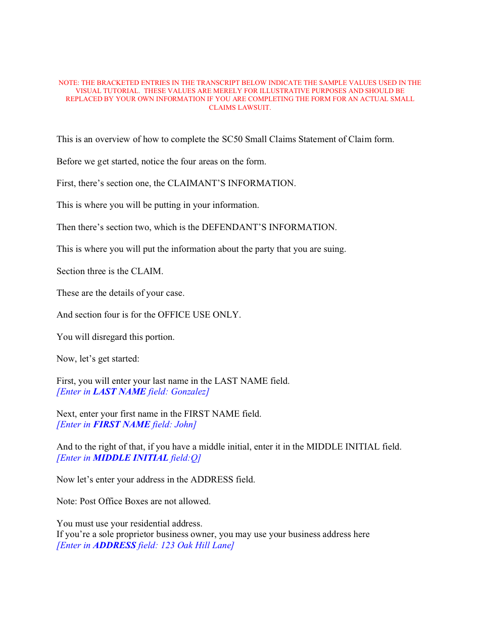 Download Instructions for Form CIV-SC-50 Small Claims Statement of ...