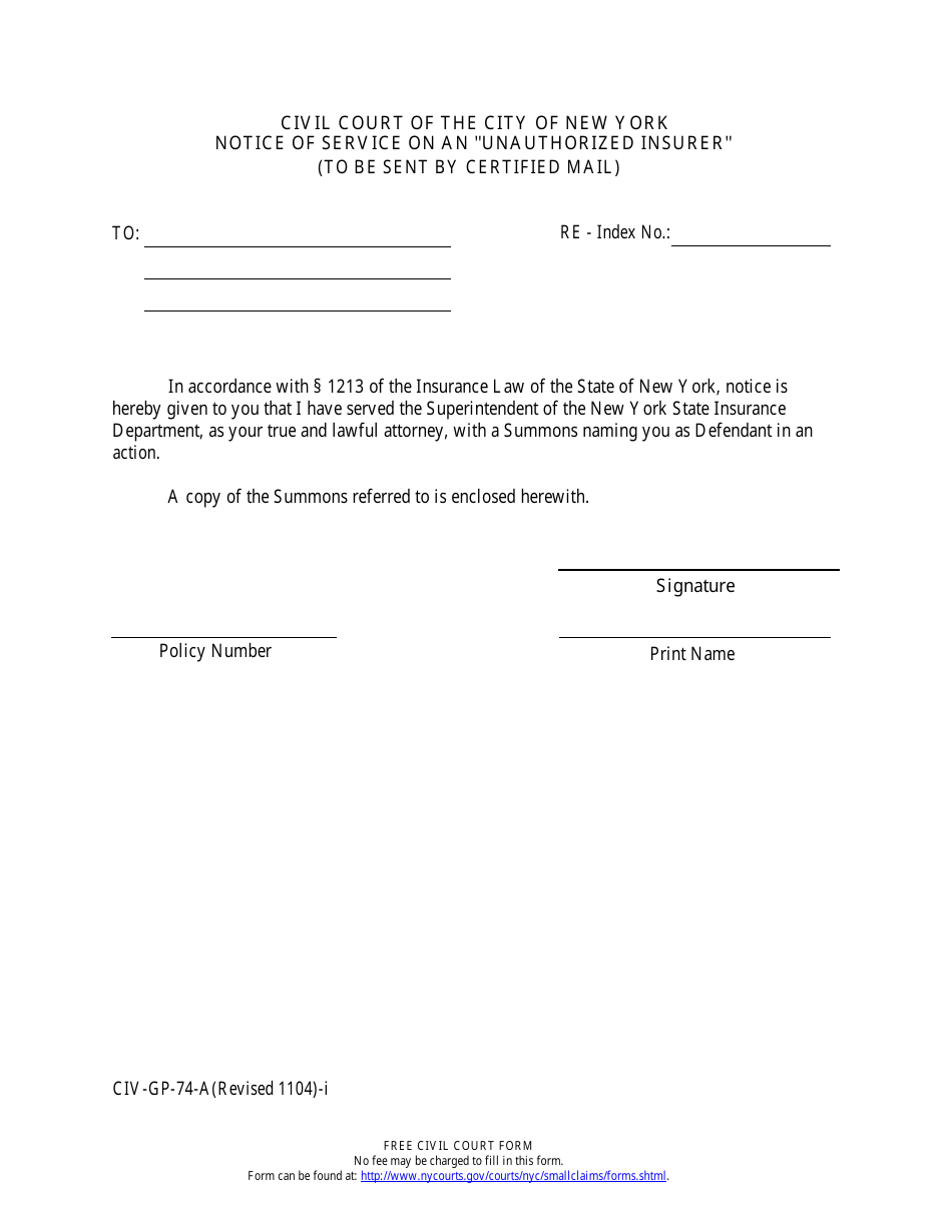 Form CIV-GP-74-A - Fill Out, Sign Online and Download Fillable PDF, New York City | Templateroller