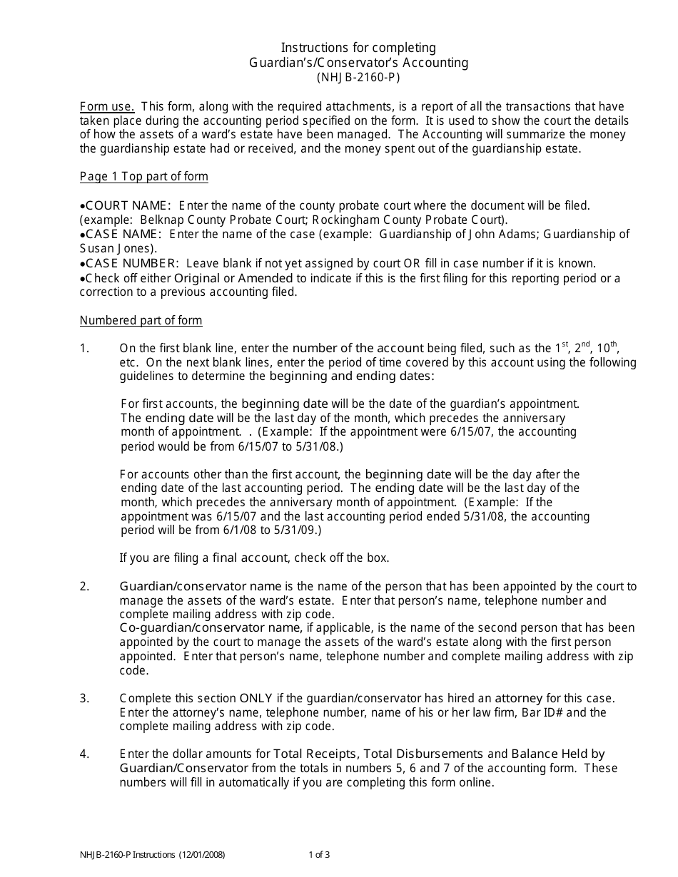 Download Instructions for Form NHJB-2160-P Guardian's/Conservator's Accounting PDF | Templateroller