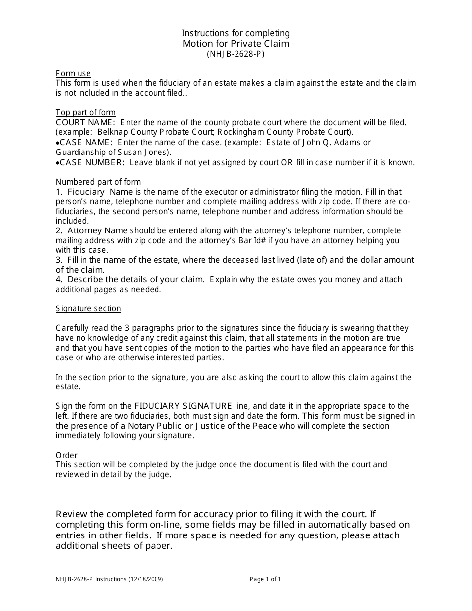 Download Instructions for Form NHJB-2628-P Motion for Private Claim PDF ...