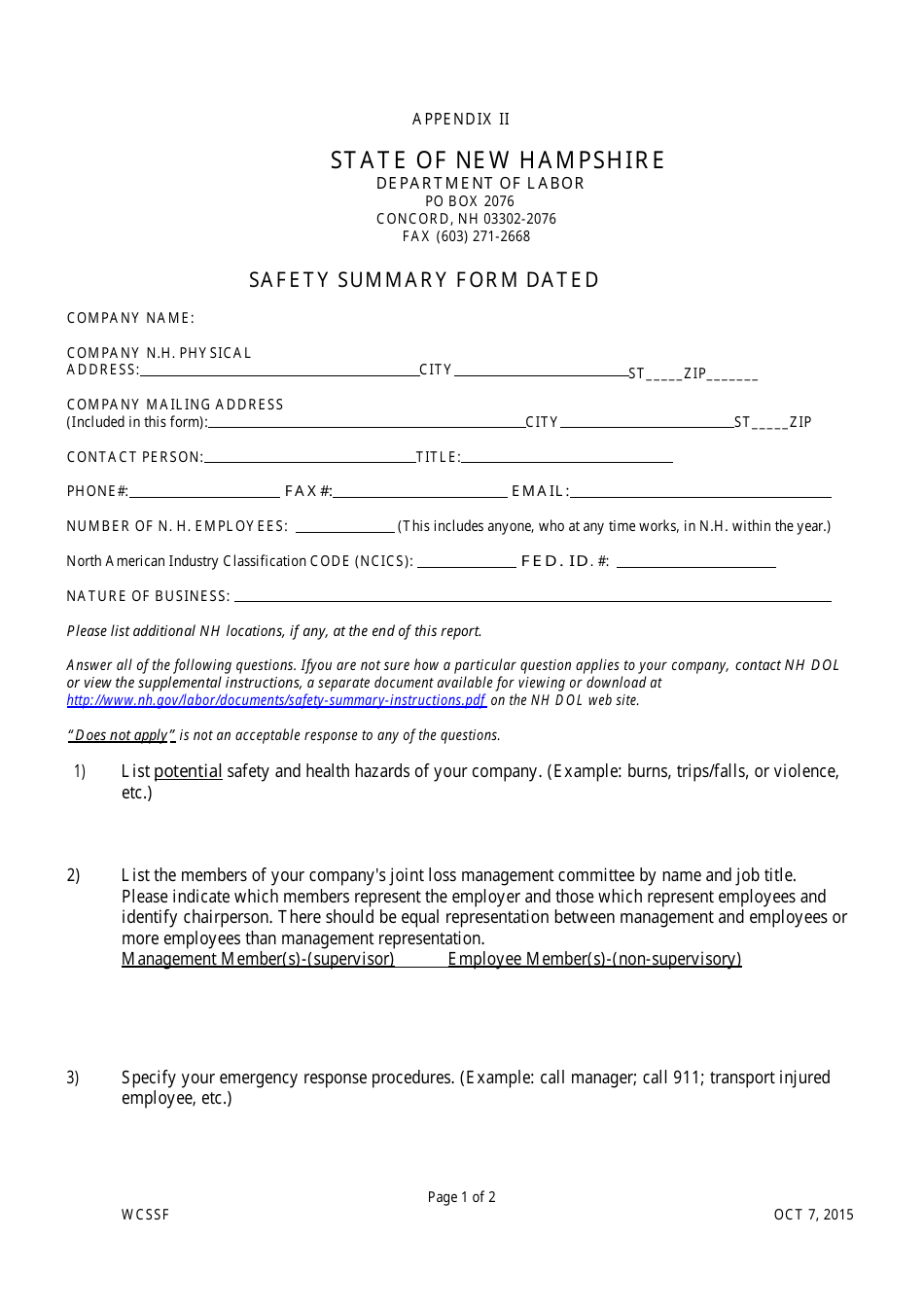 New Hampshire Safety Summary Form - Fill Out, Sign Online and Download ...