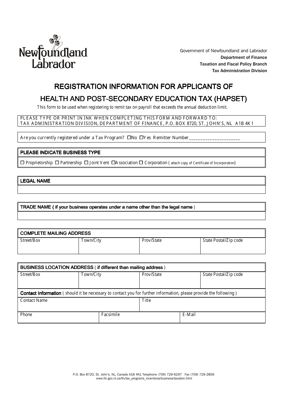 Newfoundland and Labrador Canada Registration Information for ...