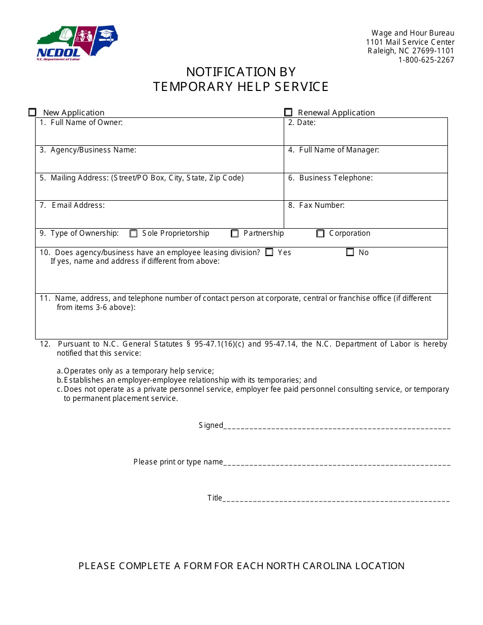North Carolina Notification by Temporary Help Service - Fill Out, Sign ...
