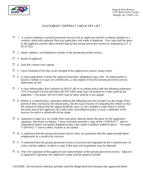 North Carolina Placement Contract Check Off List Fill Out Sign 