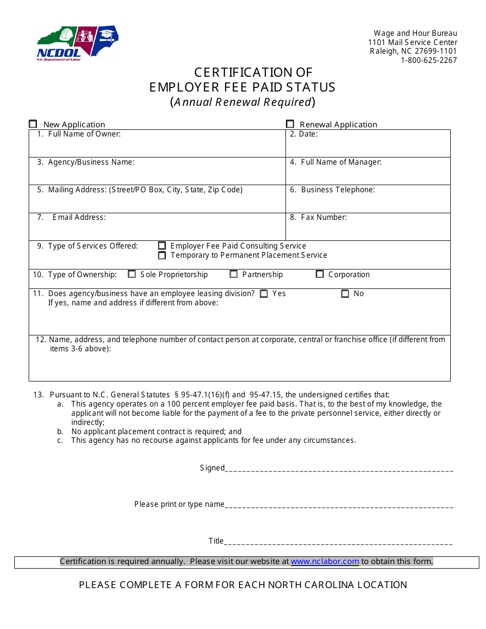 North Carolina Certification of Employer Fee Paid Status - Fill Out ...