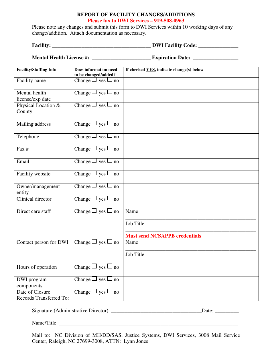 North Carolina Report of Facility Changes/Additions - Fill Out, Sign ...