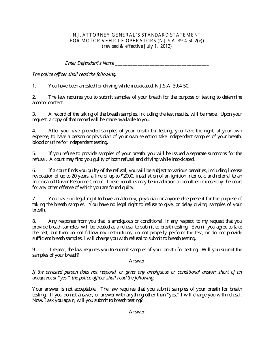 New Jersey N.j. Attorney General's Standard Statement for Motor Vehicle ...