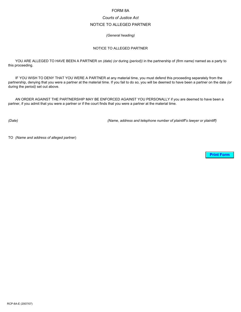 Form 8A - Fill Out, Sign Online and Download Printable PDF, Ontario ...