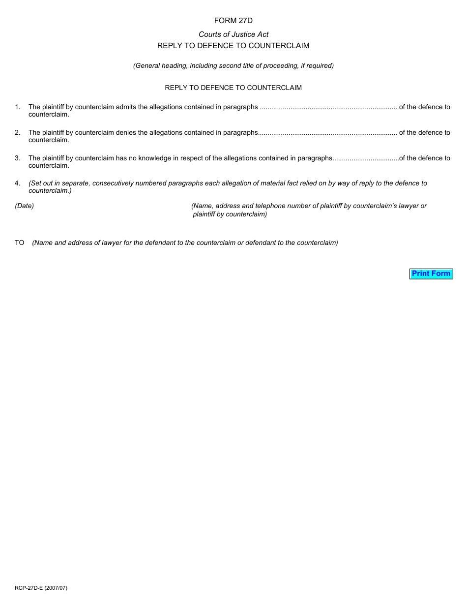 Form 27D - Fill Out, Sign Online and Download Printable PDF, Ontario ...