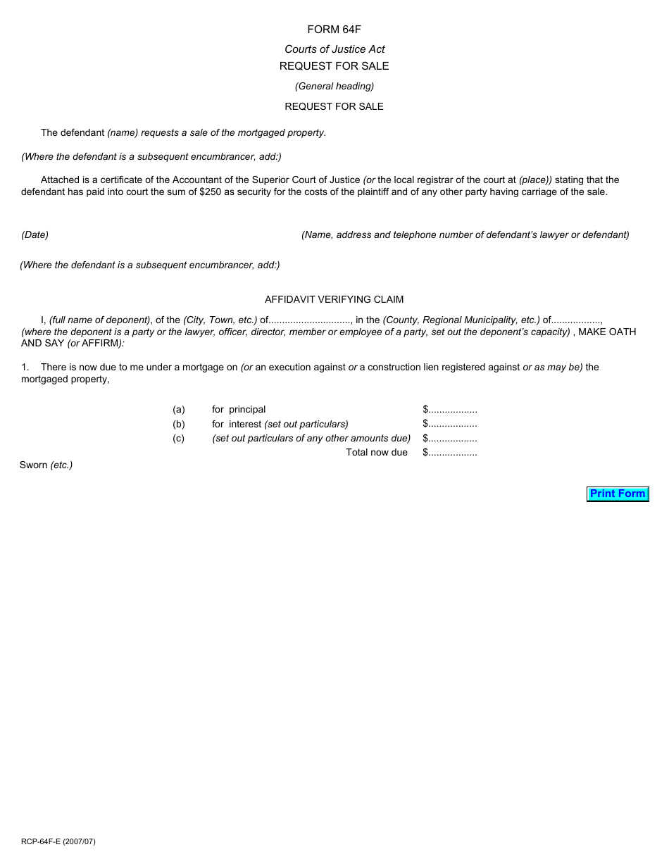 Form 64F - Fill Out, Sign Online and Download Printable PDF, Ontario ...