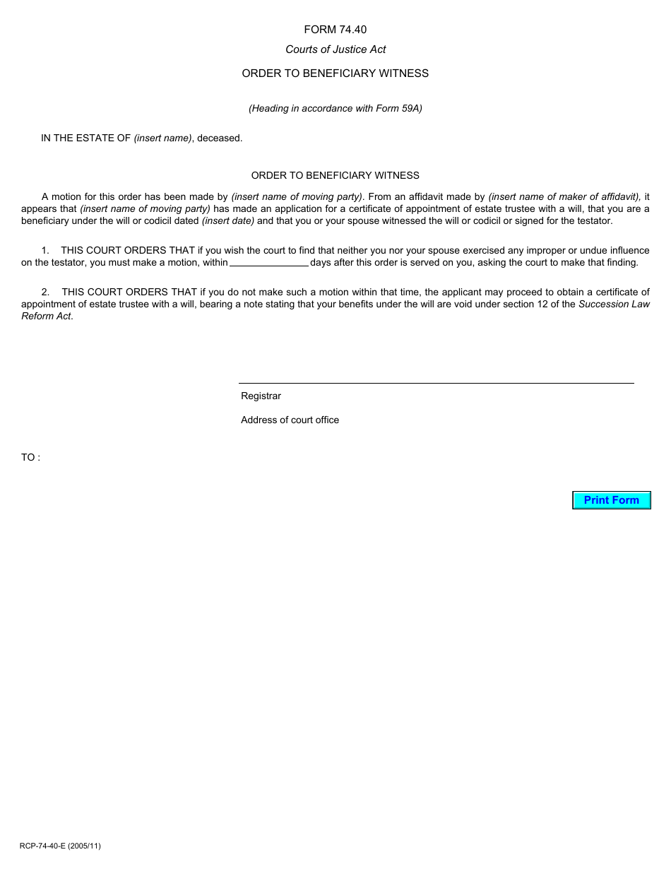 Form 74.40 - Fill Out, Sign Online and Download Printable PDF, Ontario ...