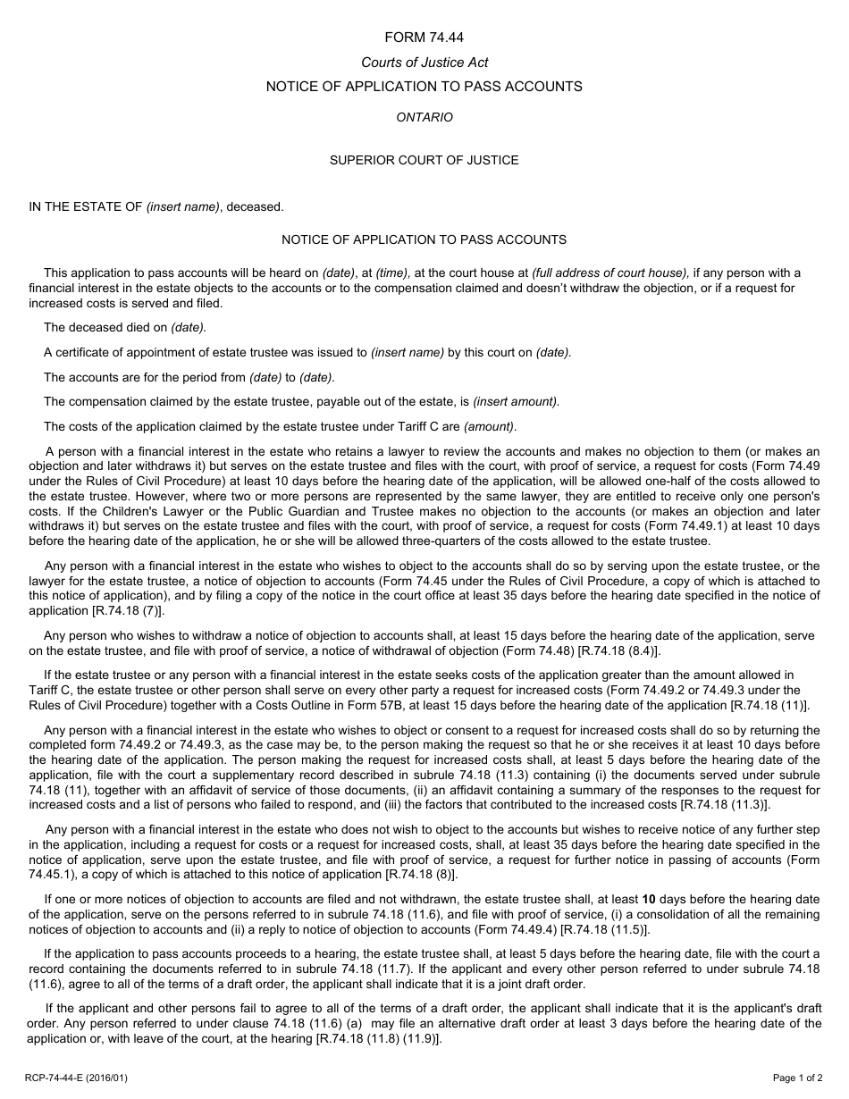 Form 74.44 - Fill Out, Sign Online and Download Printable PDF, Ontario ...