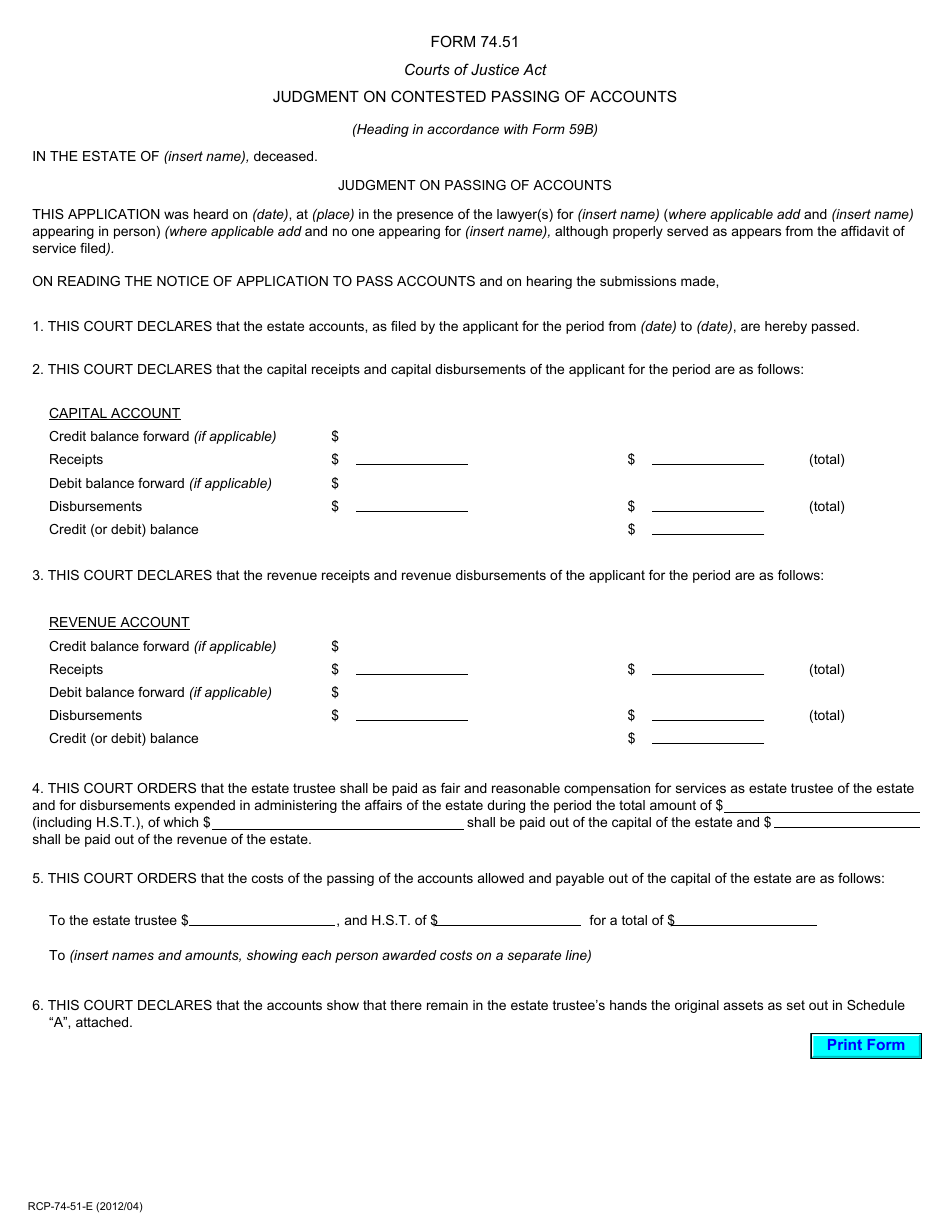 Form 74.51 Download Printable PDF or Fill Online Judgment on Contested ...