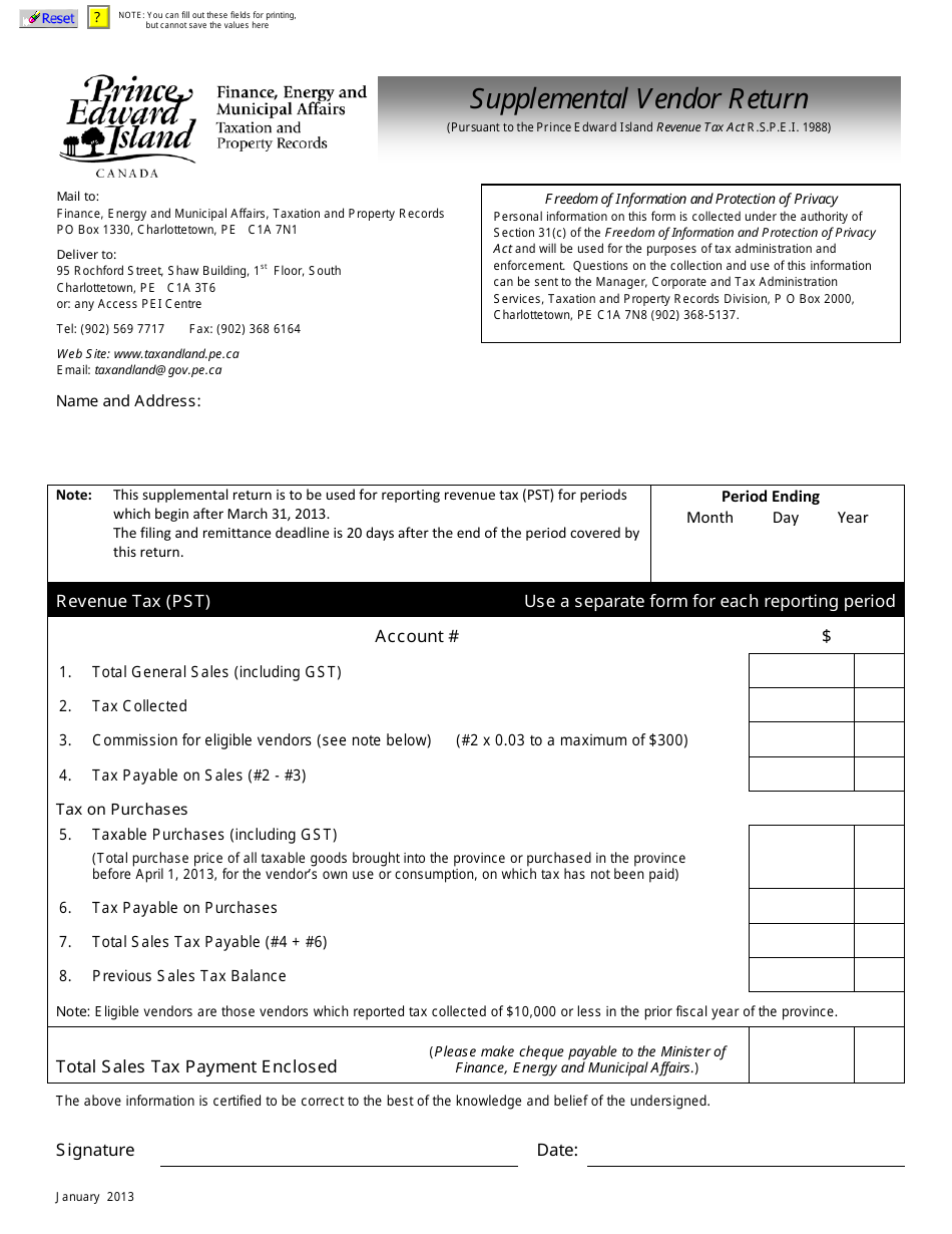 Prince Edward Island Canada Supplemental Vendor Return - Fill Out, Sign ...