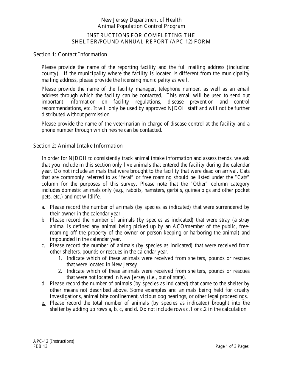 Download Instructions for Form APC-12 Shelter/Pound Annual Report PDF ...