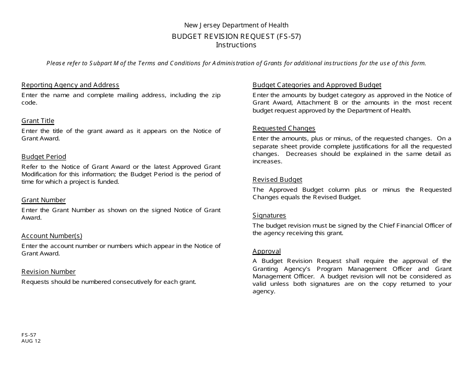 Download Instructions for Form FS-57 Budget Revision Request PDF ...
