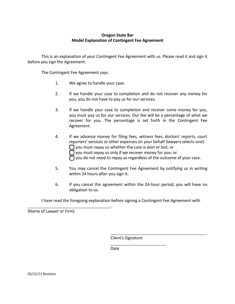 Oregon Model Explanation of Contingent Fee Agreement - Fill Out, Sign ...