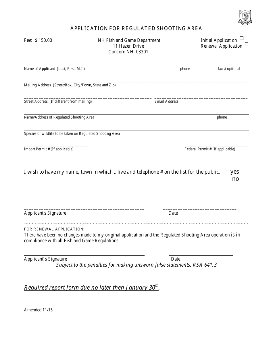 New Hampshire Application for Regulated Shooting Area - Fill Out, Sign ...
