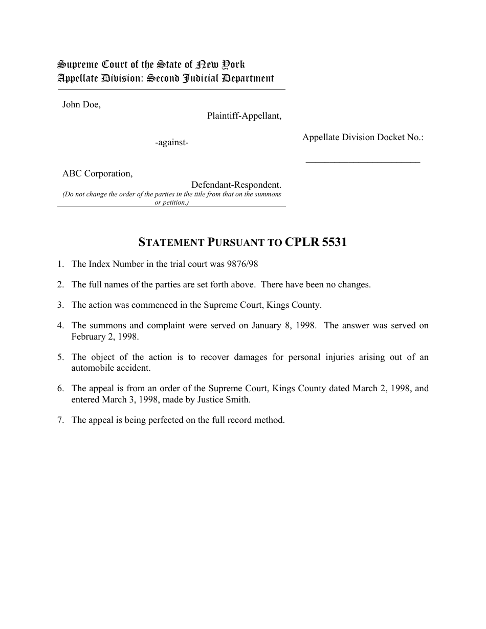 New York Statement Pursuant to Cplr 5531 - Fill Out, Sign Online and ...