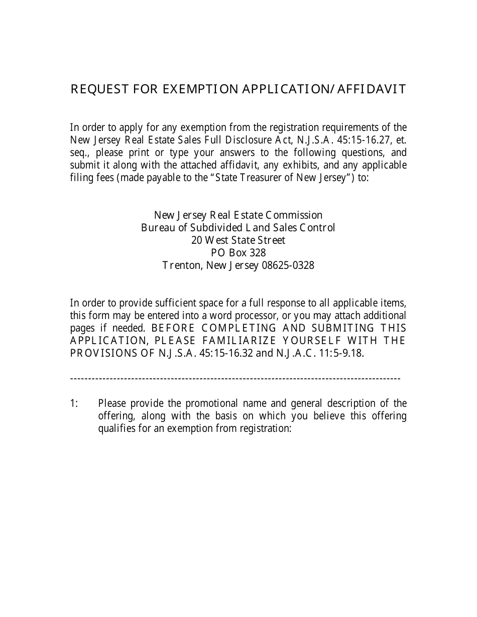 New Jersey Request for Exemption Application/Affidavit - Fill Out, Sign ...