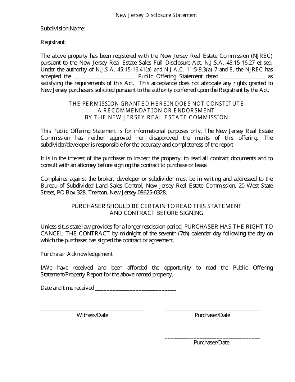 New Jersey New Jersey Disclosure Statement - Fill Out, Sign Online and ...