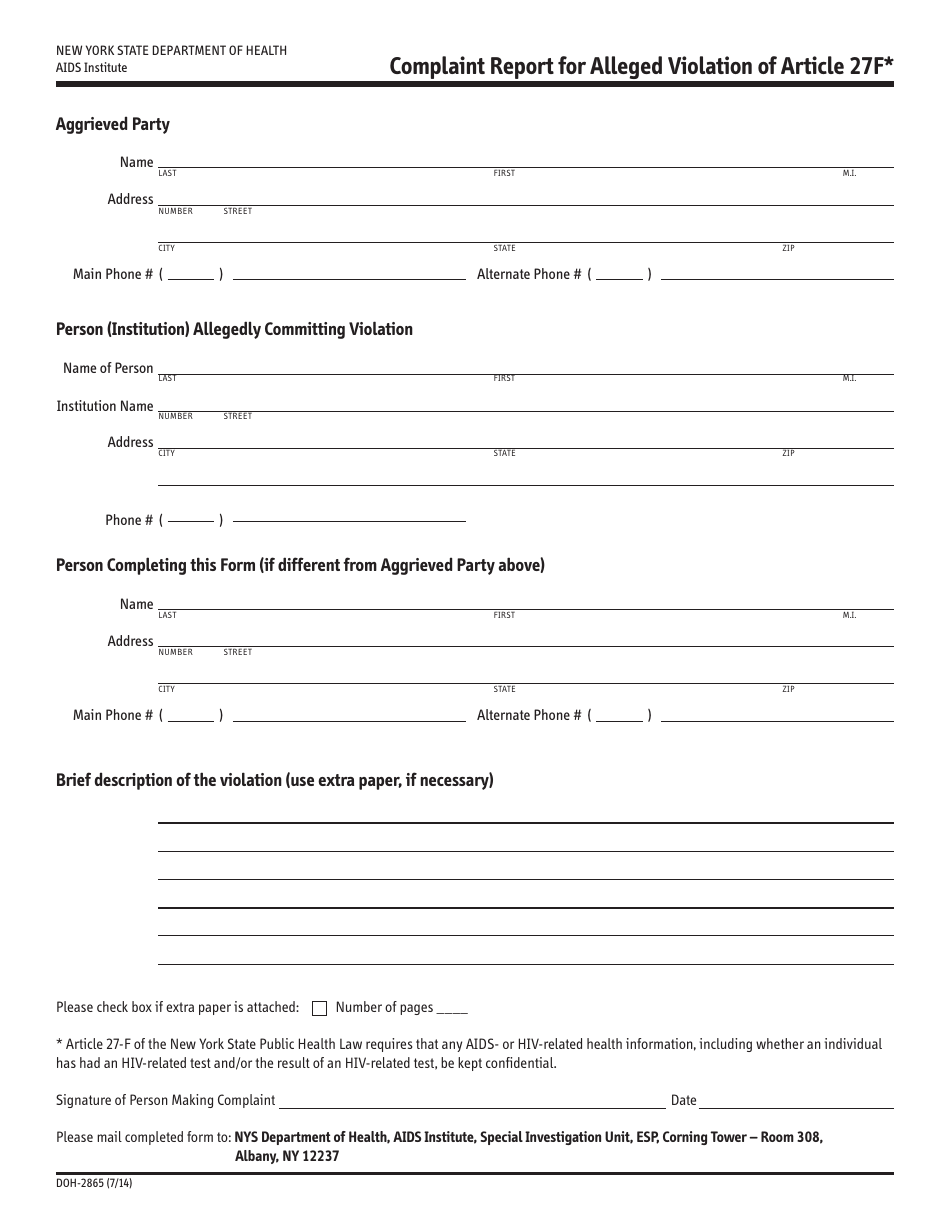 Form DOH-2865 - Fill Out, Sign Online and Download Printable PDF, New ...